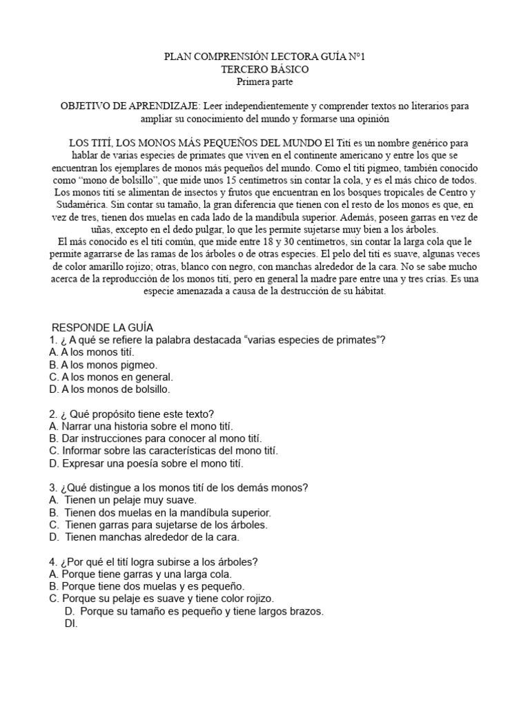 Guia Comprension Lectora 3 Basico Primera Parte Pdf Mono