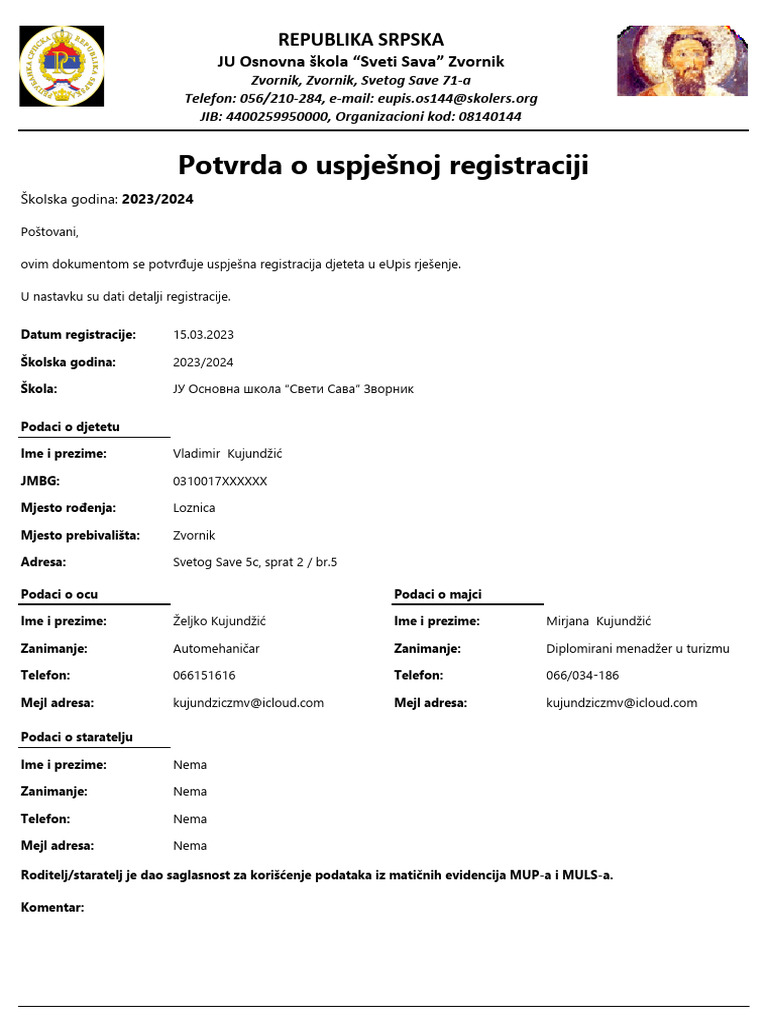 Potvrda o uspješnoj registraciji | PDF