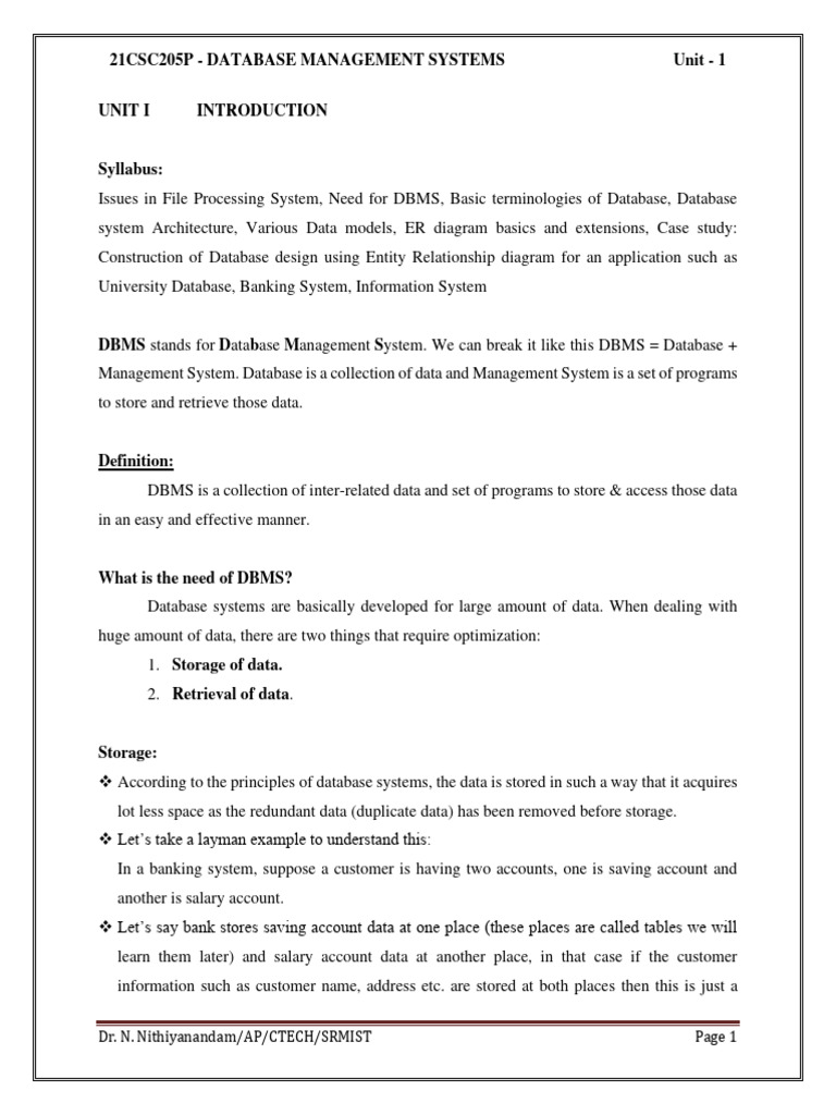 21csc205p - Dbms Unit I | PDF | Databases | Sql 21csc205p - Dbms Unit I | PDF | Databases | Sql