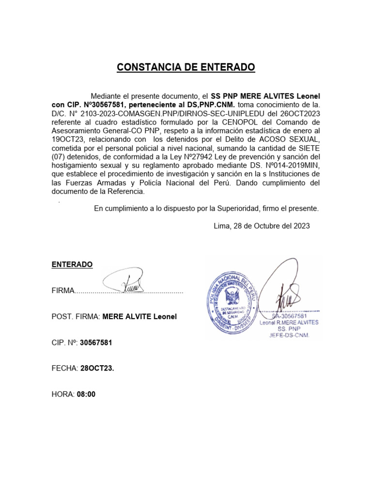 Contancia de Enterado Sobre Acoso Sexual Mere y Calampa | PDF | Policía ... Contancia de Enterado Sobre Acoso Sexual Mere y Calampa | PDF | Policía ...