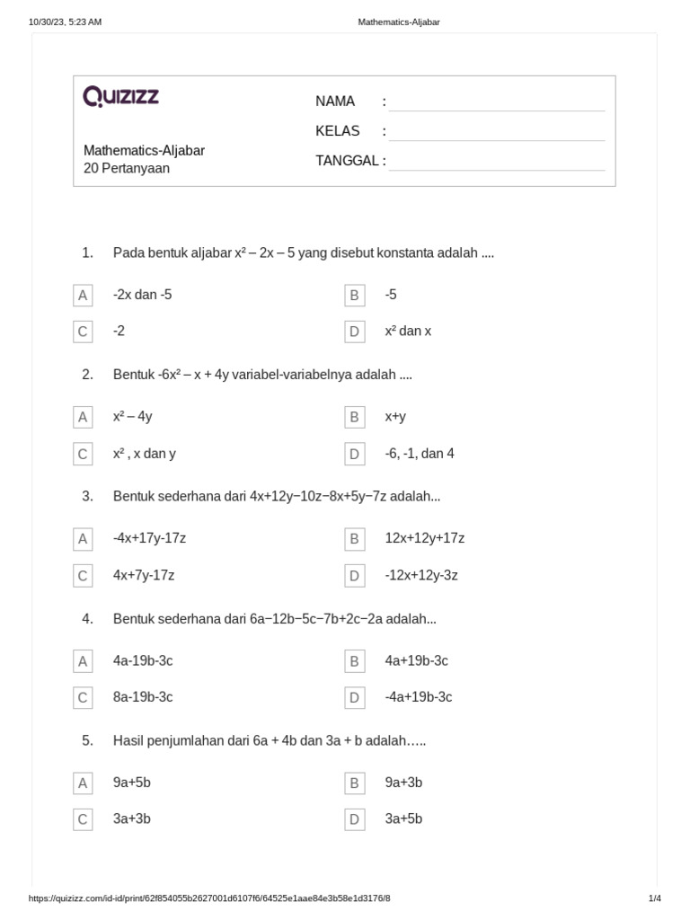 Quizizz - Mathematics-Aljabar | PDF | Metode & Bahan Ajar