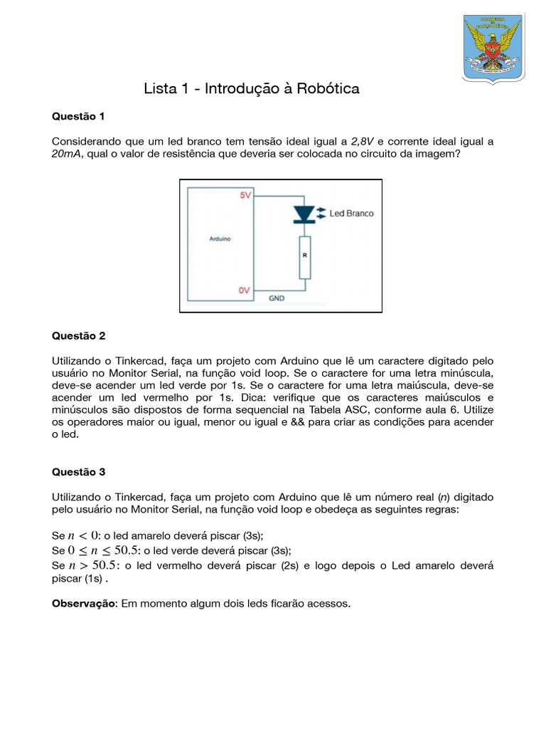 Lista de Exercícios - Robótica | PDF | Arduino | Diodo emissor de luz