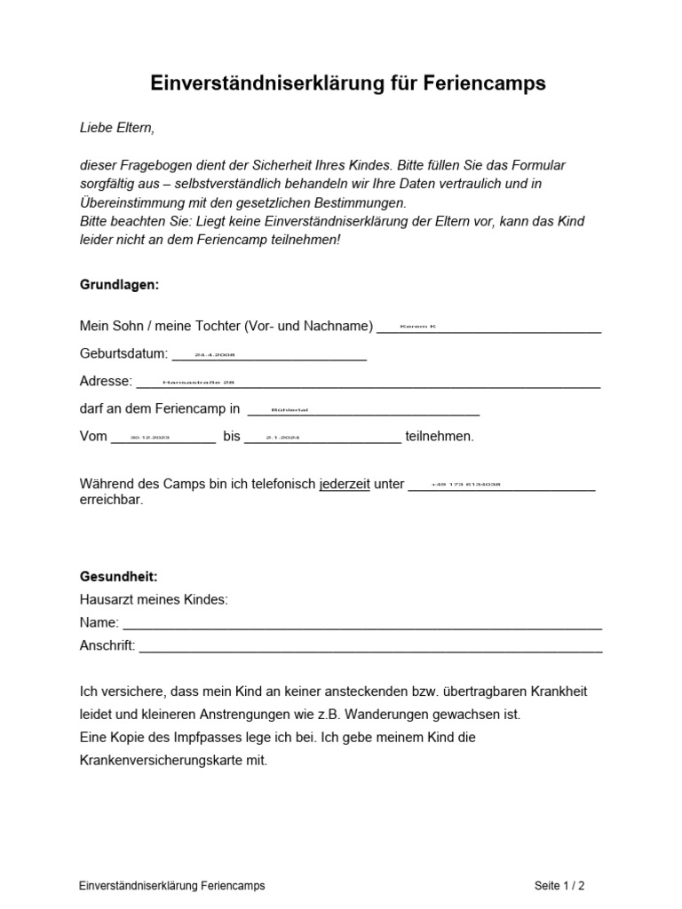 Vorlage Einverstandniserklarung Der Eltern