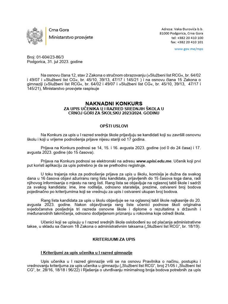 Naknadni Konkurs Za Upis Ucenika U Prvi Razred Srednje Skole Za Skolsku ...