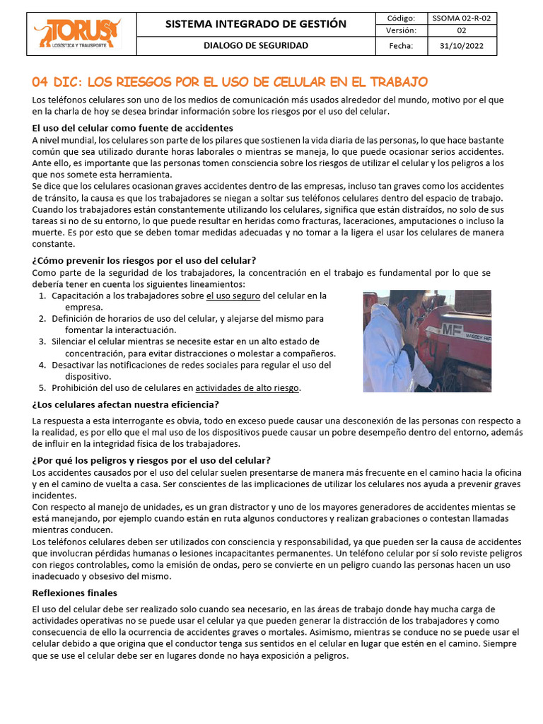 DDS LOS RIESGOS POR EL USO DE CELULAR EN EL TRABAJO | PDF | Teléfonos ...