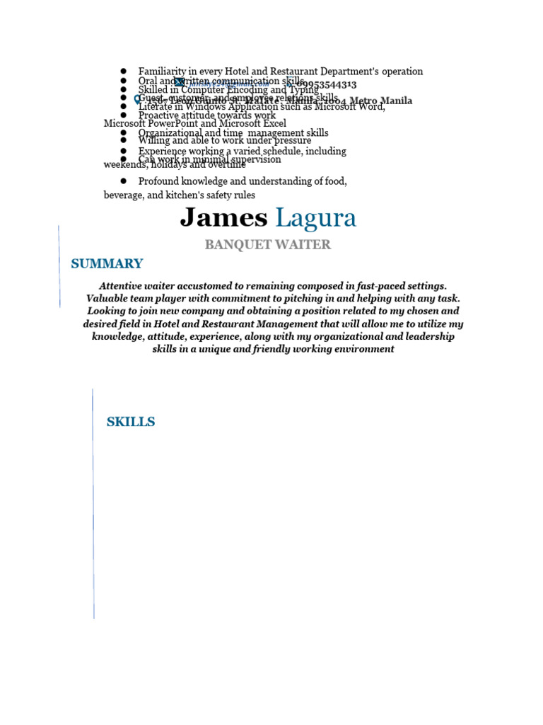 James Sample Resume | PDF | Tableware | Restaurants