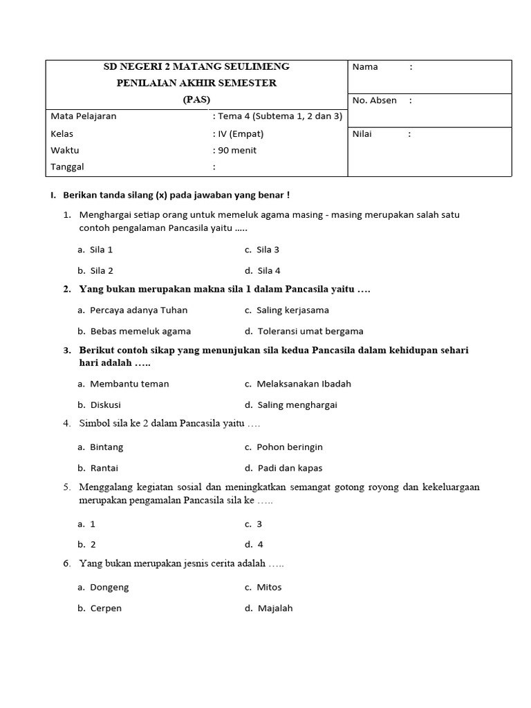 SOAL PAS TEMA 4 Kelas 4 | PDF