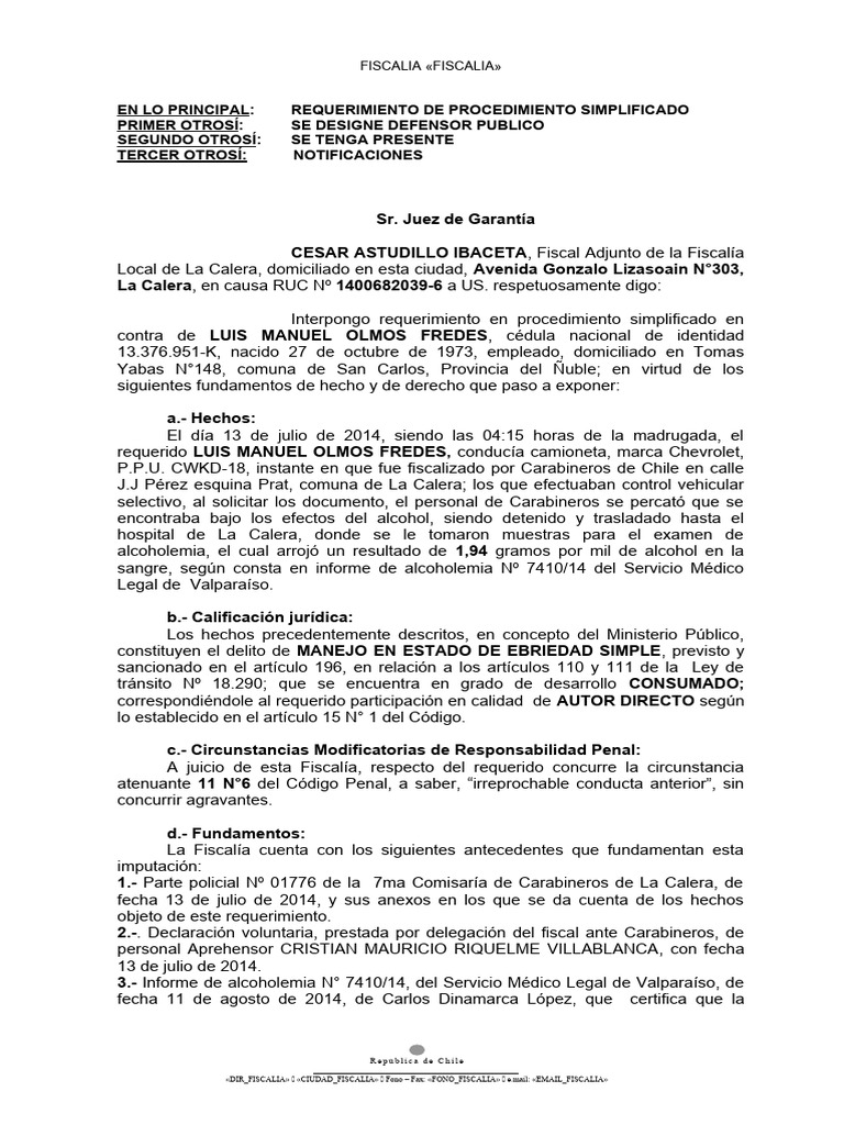 Requerimiento por Manejo Ebrio en La Calera | PDF | Fiscal | Justicia penal