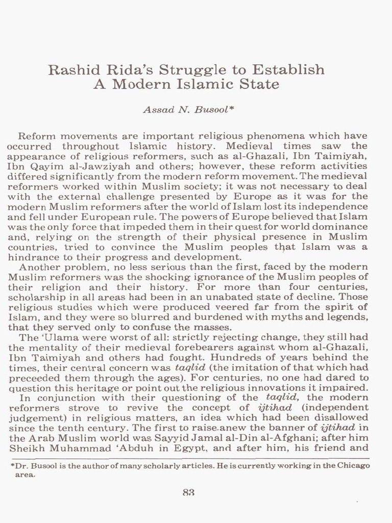 Pages From AJISS 1-1-6 Article 6 Rashid Rida's Struggle To Establish ...