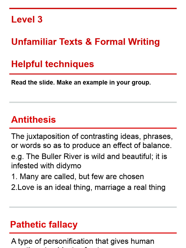 Level 3 Unfamiliar Text - Formal Writing Techniques | PDF | Irony ...