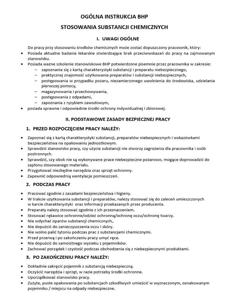 OGÓLNA INSTRUKCJA BHP Stosowania Substancji Chemicznych | PDF