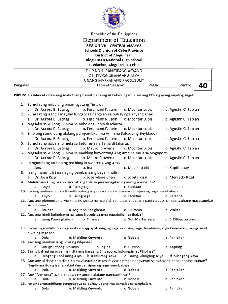 FILIPINO 9 - Quarter 1 Quarterly Assessment | PDF