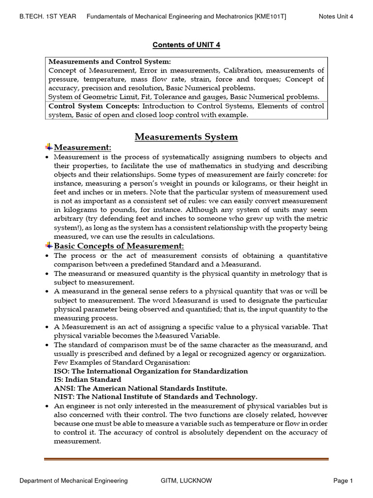 Unit 5 Measurement and Mechatronics Notes | PDF | Measurement | Flow ...