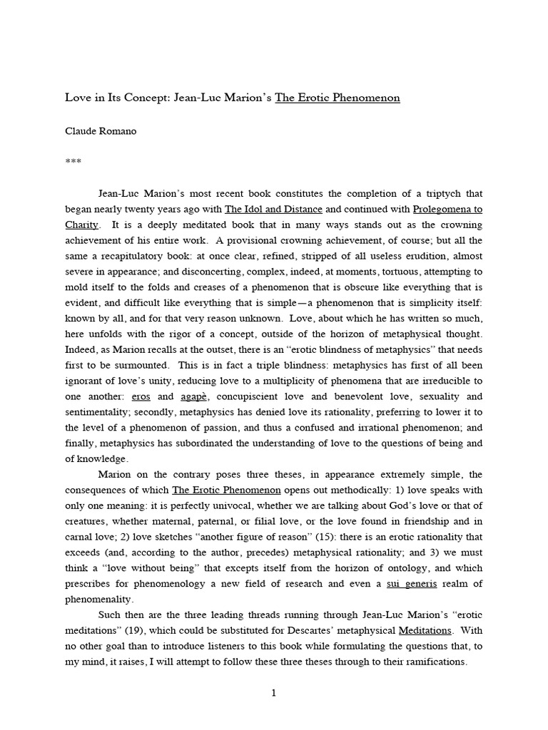 Claude Romano - Love in Its Concept Jean-Luc Marion's The Erotic ...