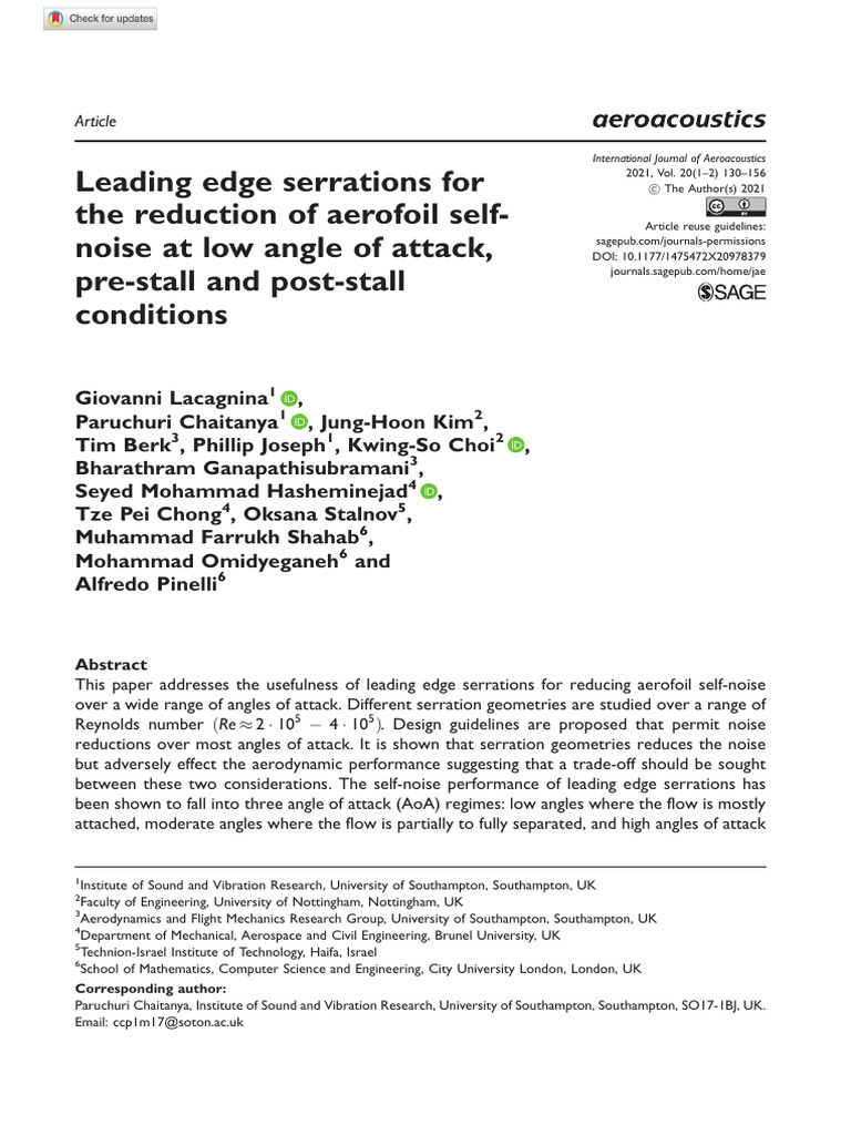 Leading Edge Serrations For The Reduction of Aerofoil Self-Noise at Low Angle of Attack, Pre ...