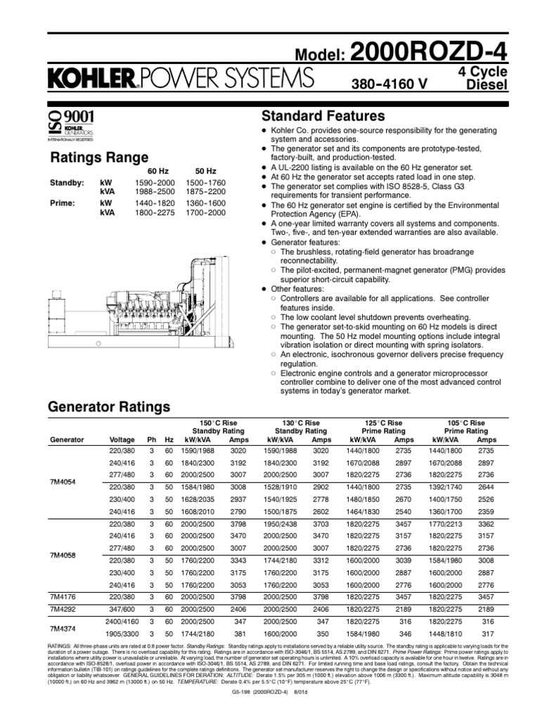 Kohler 2000ROZD4 Spec Sheet | PDF | Electric Generator | Physical Sciences