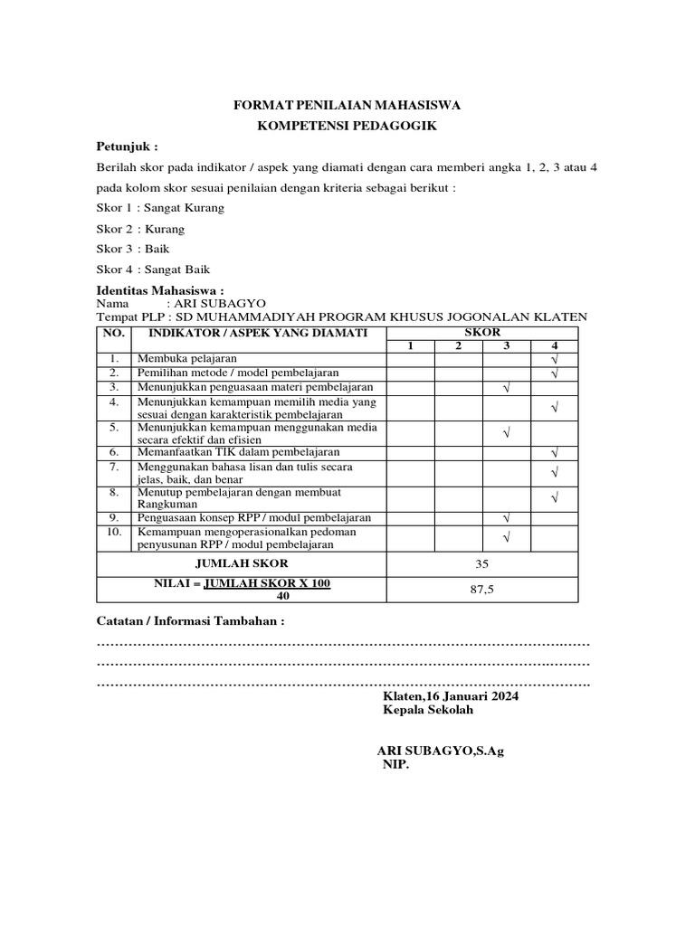 Format Penilaian Mahasiswa PLP 2023 Ari | PDF