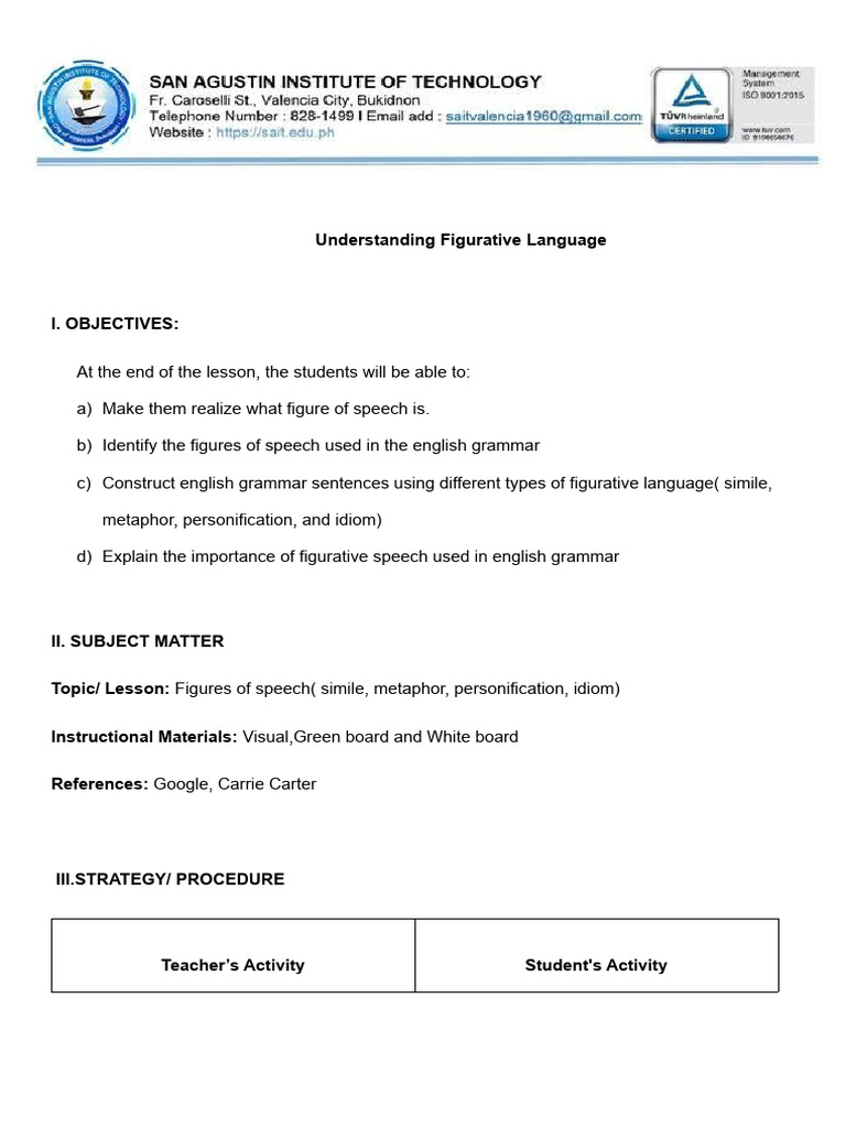 Figurative Language Lesson Plan | PDF | Metaphor | Idiom