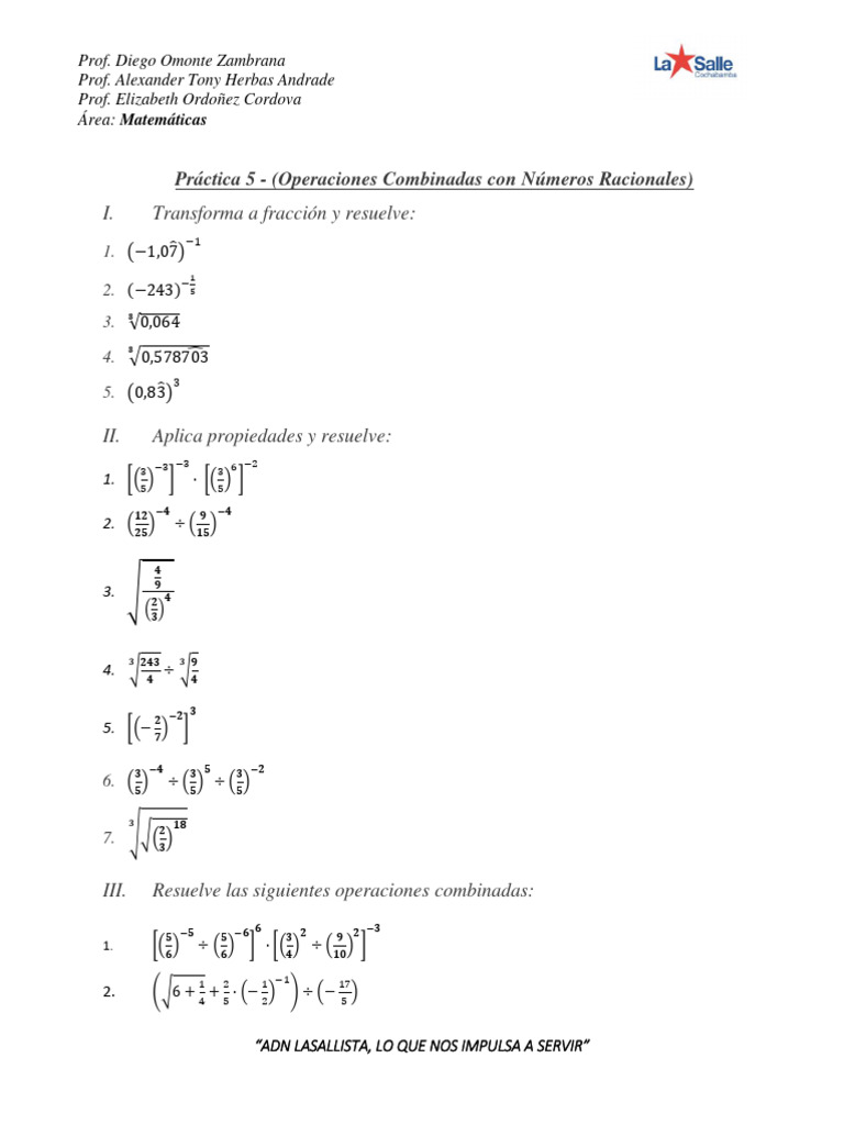 Practica 5 - 1ABC (Operaciones Combinadas en Q) | PDF | Matemáticas