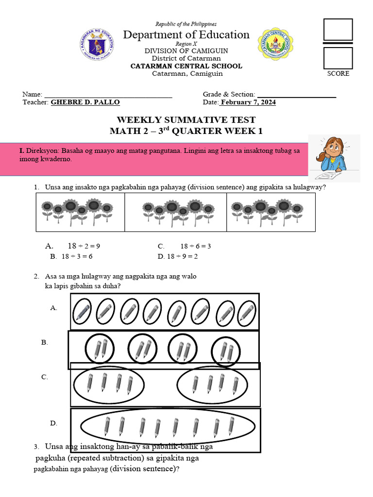 MATH 2 Weekly Test - Q3 Week 1 | PDF