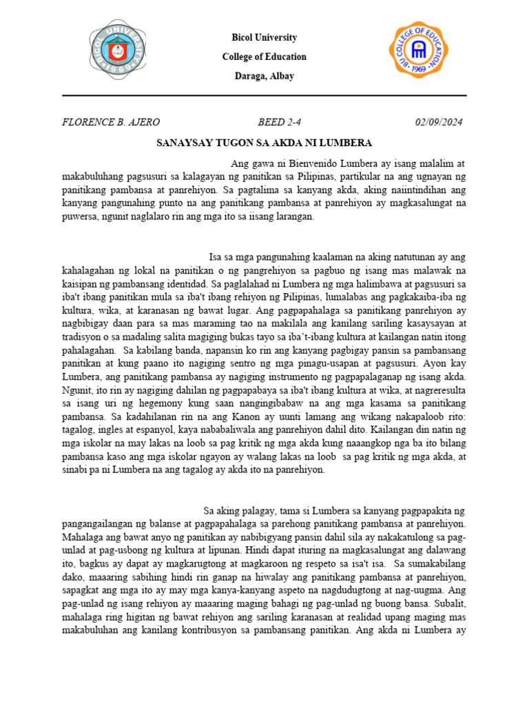 Ajero, Florence B. - Sanaysay Tugon Sa Akda Ni Lumbera - Beed 2-4 | PDF