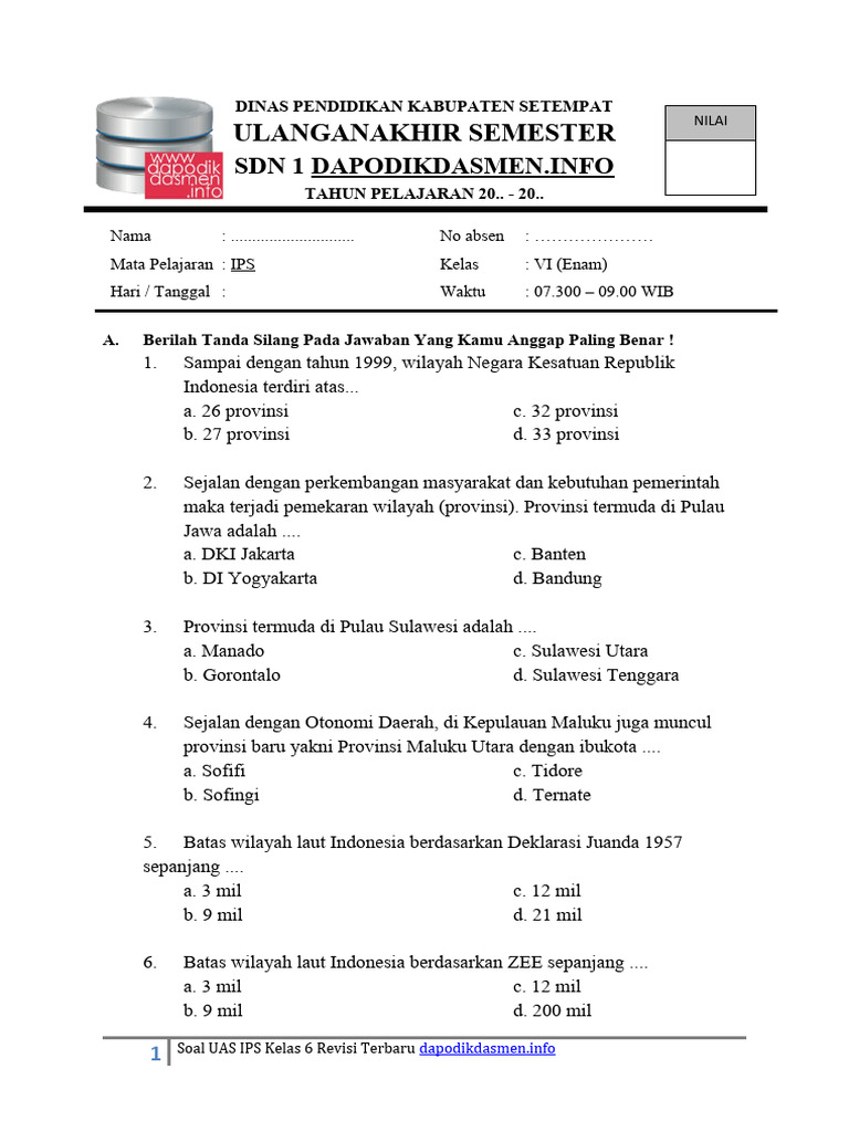 Soal UAS IPS Kelas 6 Dapodikdasmen - Info | PDF | Perjalanan