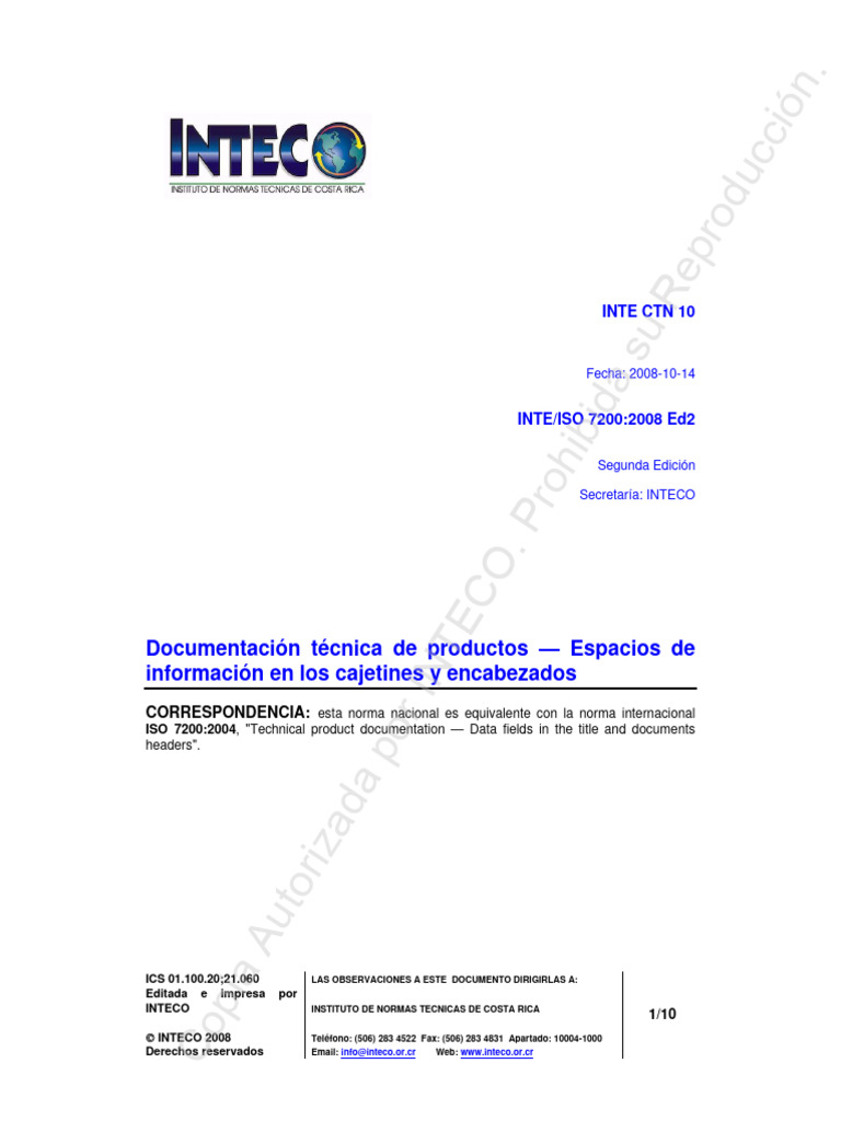 INTE-ISO 7200 2008 Cajetines | PDF | Información | Documento