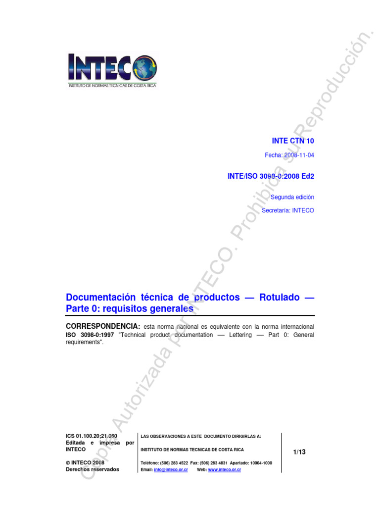 INTE-ISO 3098-0 2008 Rotulado | PDF | Dibujo | Dibujo técnico