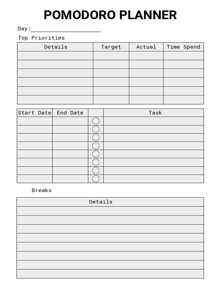 Gray Pomodoro Planner Sheet | PDF
