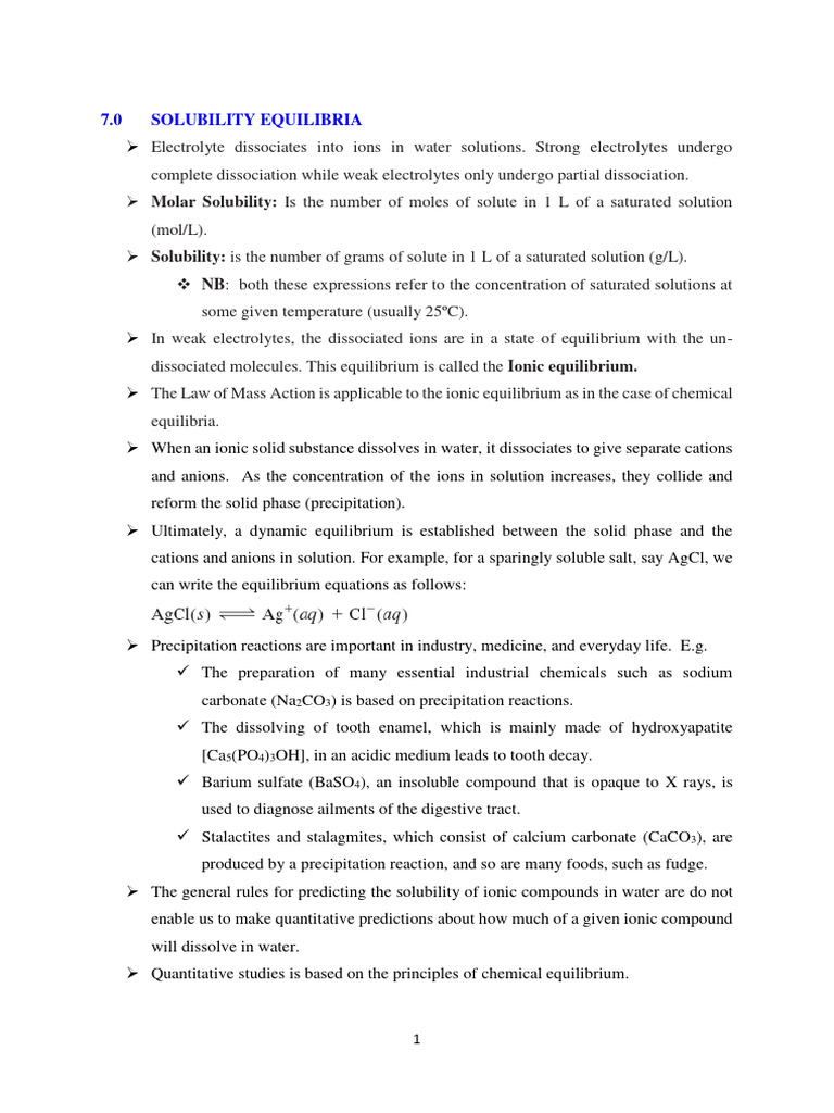 7.0 Solubility and Solubility Equilibria | PDF | Solubility | Chemical Equilibrium