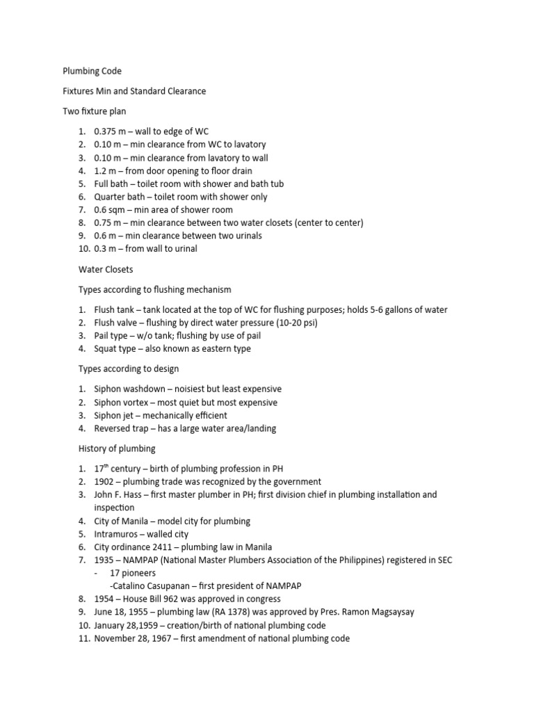 Plumbing Code: Fixture Clearance & Types | PDF | Plumbing | Pipe (Fluid ...