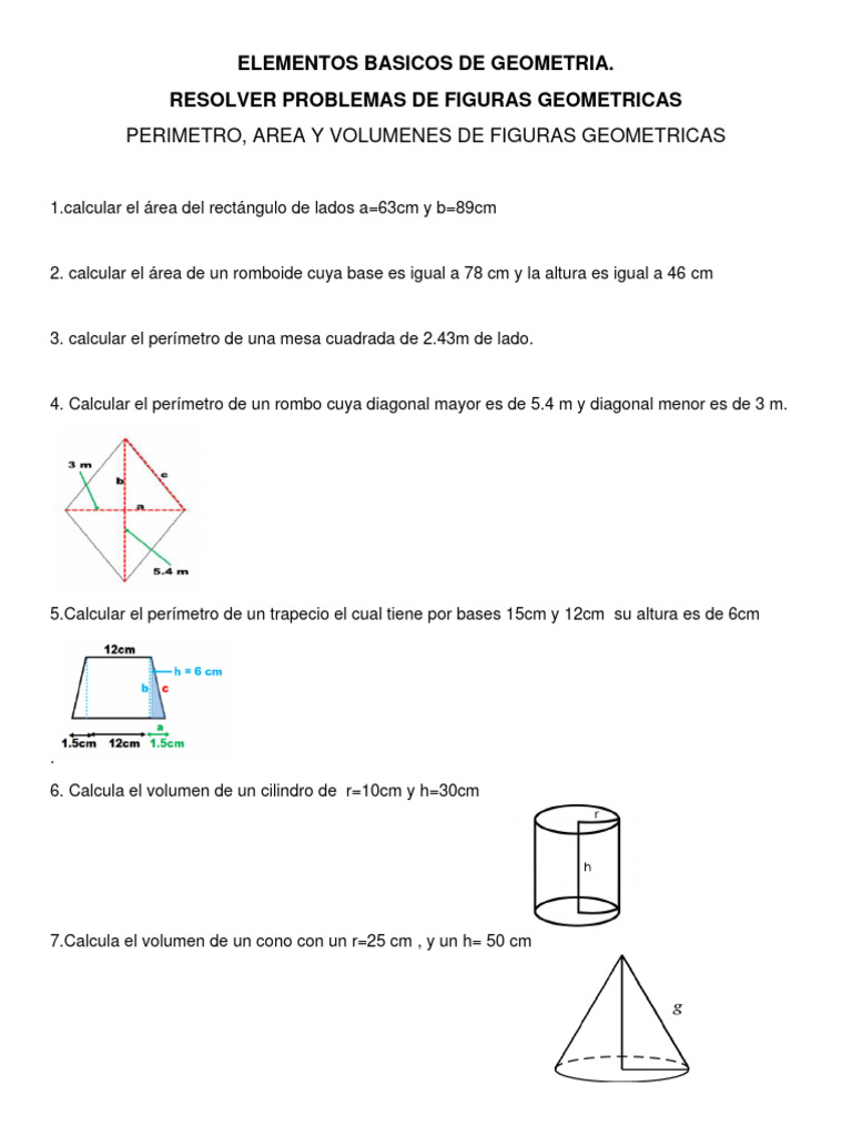 Ejercicios de Perimetro, Area y Volumenes de Figuras Geometricas | PDF | Euclides | Geometría ...