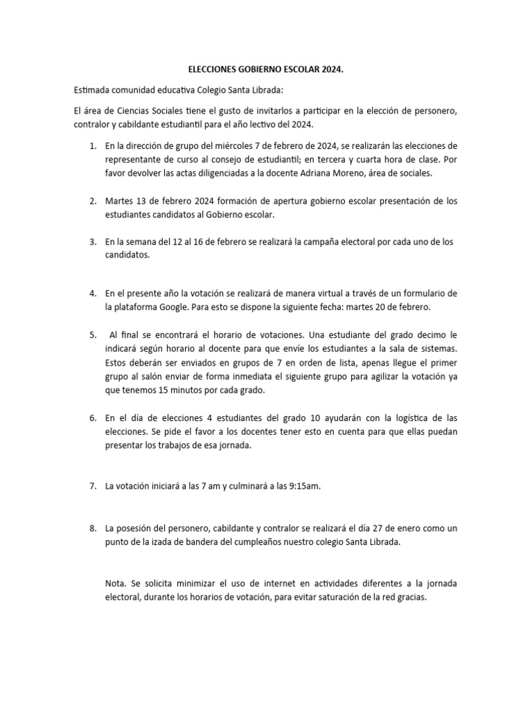 Elecciones Gobierno Escolar 2024 Pdf Votación