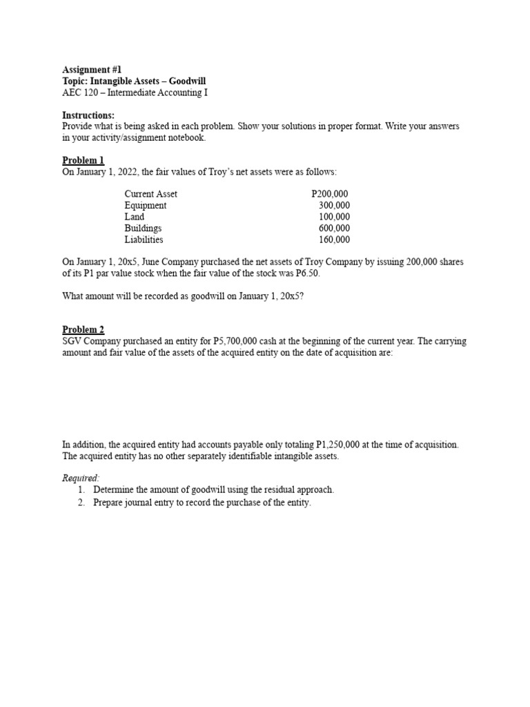 Assignment Intangible Assets Goodwill | Download Free PDF | Goodwill (Accounting) | Book Value