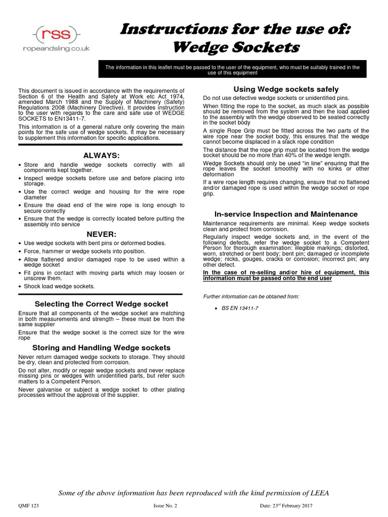 QMF 123 Instructions For The Use of Wedge Sockets | PDF | Rope | Wire