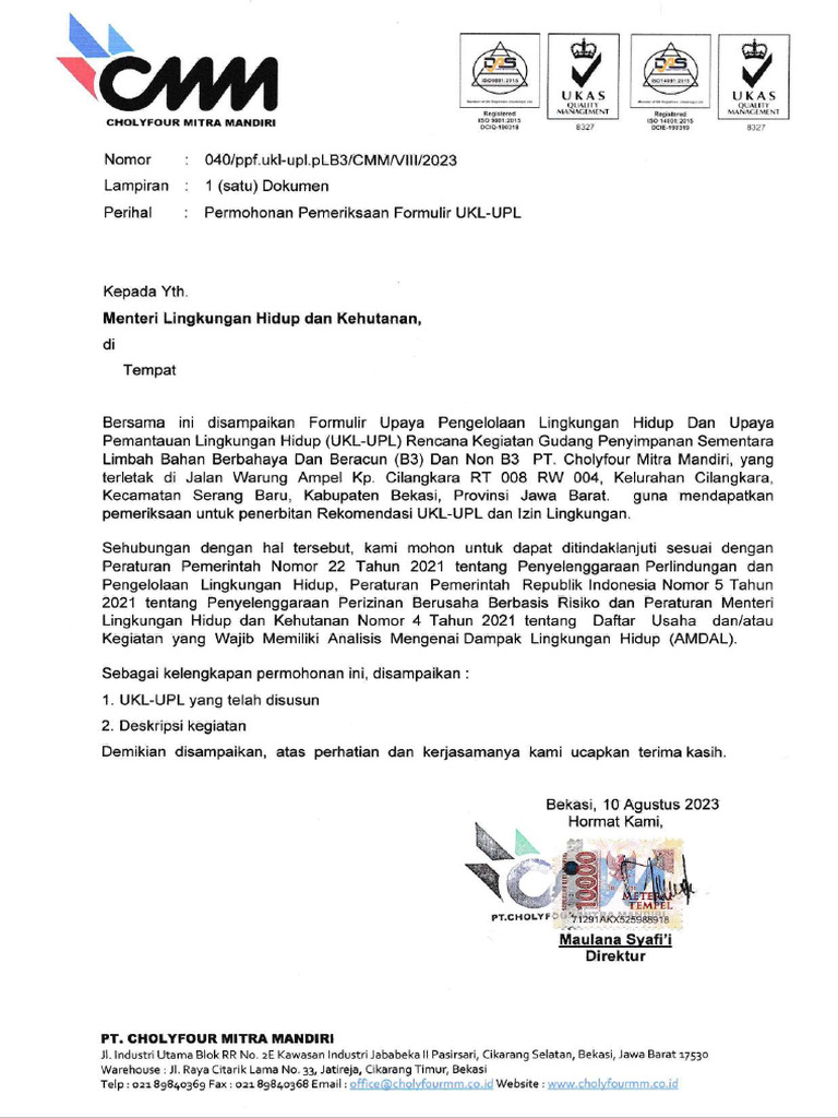 Permohonan UKL-UPL 100823 | PDF