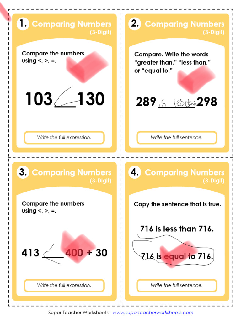 Comparing Numbers, 3 Digits TASK CARDS STW | PDF | Classroom | Learning