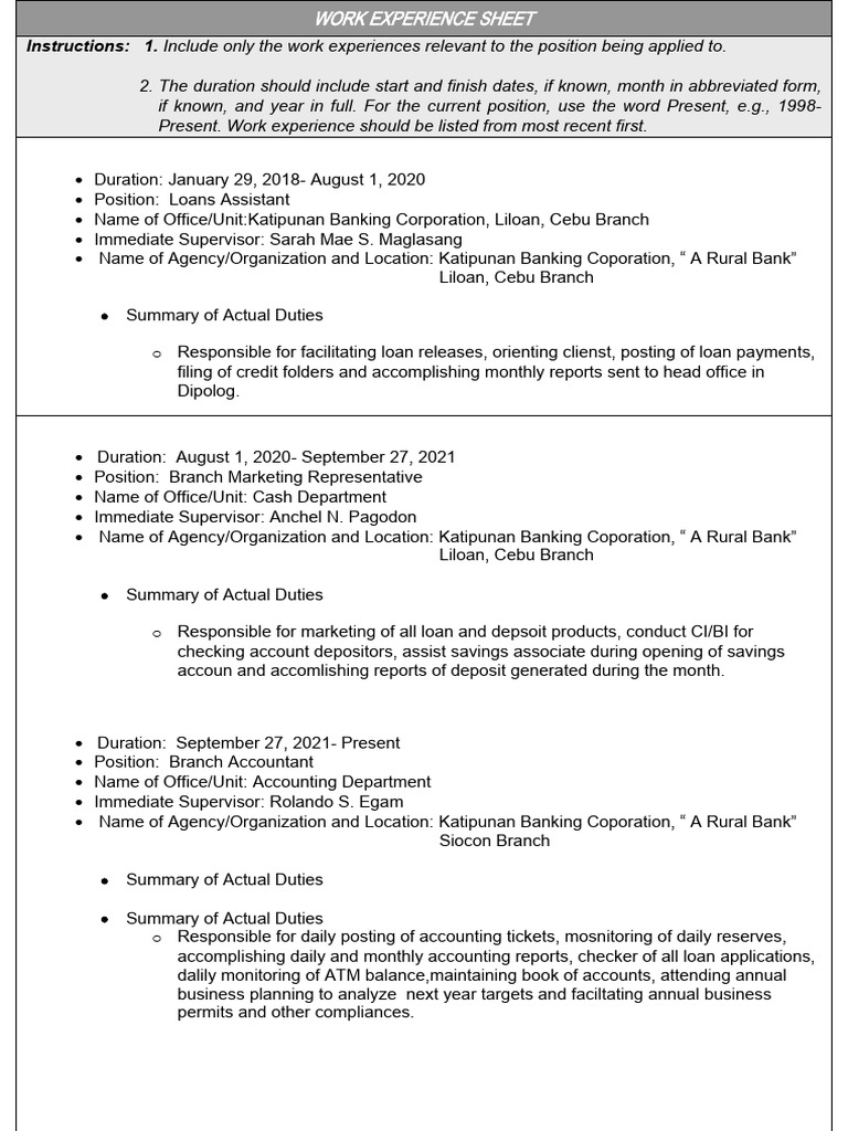 CS Form No. 212 Attachment - Work Experience Sheet | PDF | Banks ...