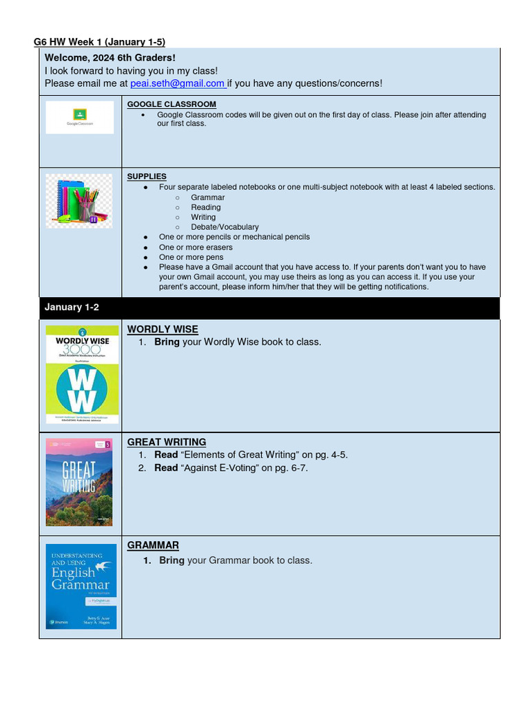 Seth G6 HW Week 1 (January 1-5) | PDF | Writing | Human Communication