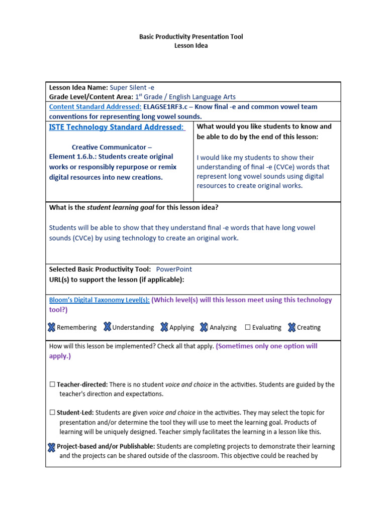 Bpts Basic Productivity Tools Lesson Idea Template | PDF | Project Based Learning | Cognition