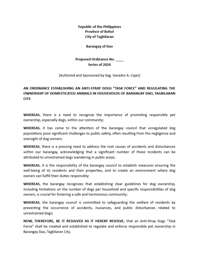 Proposed Ordinance Creating An Anti Stray Dogs Task Force | PDF | Dogs ...