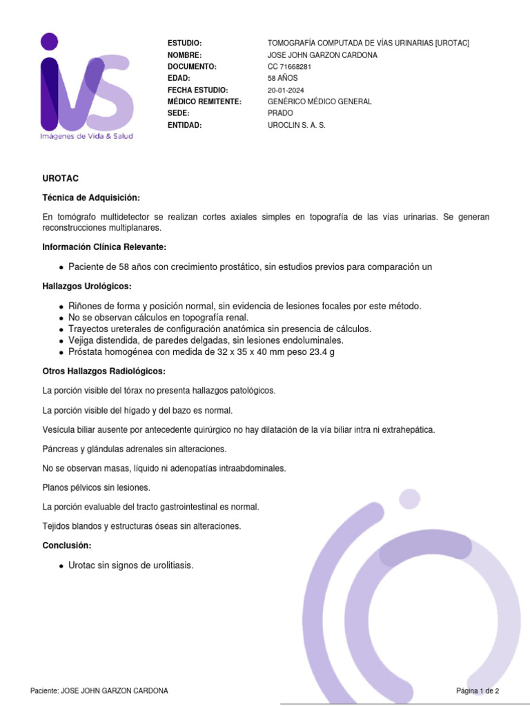 Tomografía Computada de Vías Urinarias (Urotac) | PDF | Sistema ...