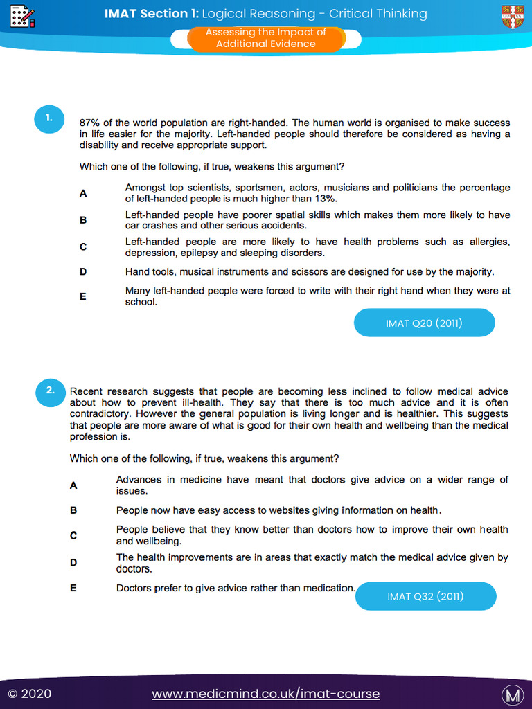 1.7 Effect of Evidence (IMAT Questions) | PDF | Reasoning ...