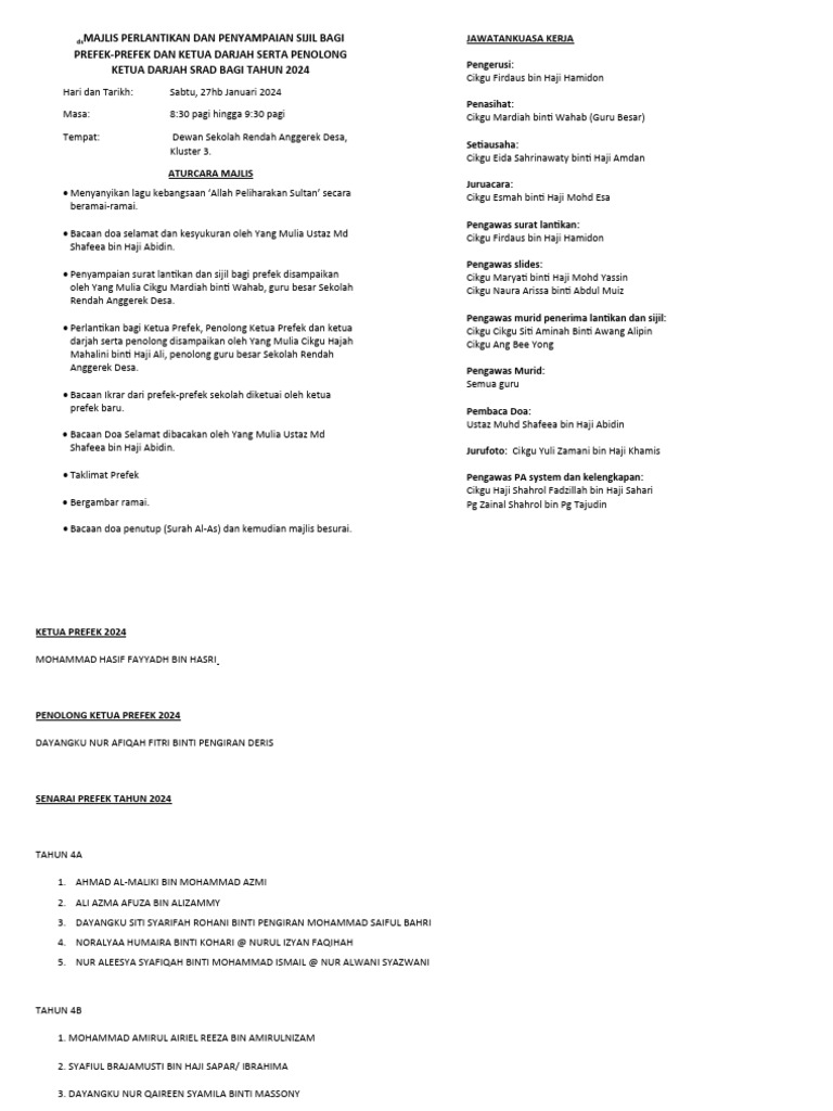 Majlis Penyampaian Lencana Prefek 2024 | PDF