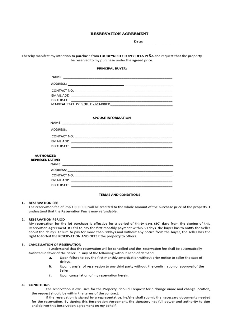 RESERVATION-AGREEMENT Blank Final | PDF | Economies | Civil Law (Legal ...