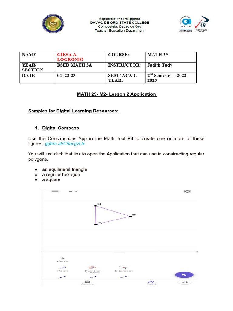 Logronio - Math 29 - M2-L2 - Application | PDF | Triangle | Shape