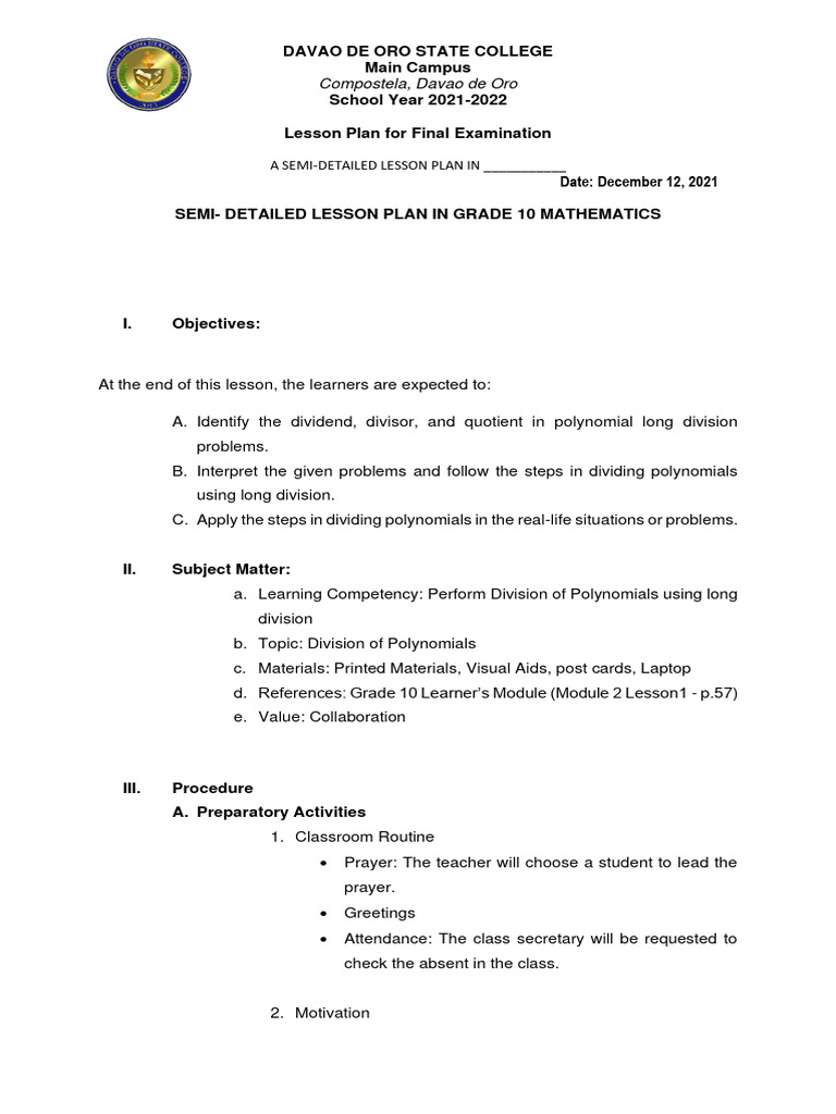 Grade 10 Polynomial Division Lesson Plan | PDF | Division (Mathematics) | Mathematics