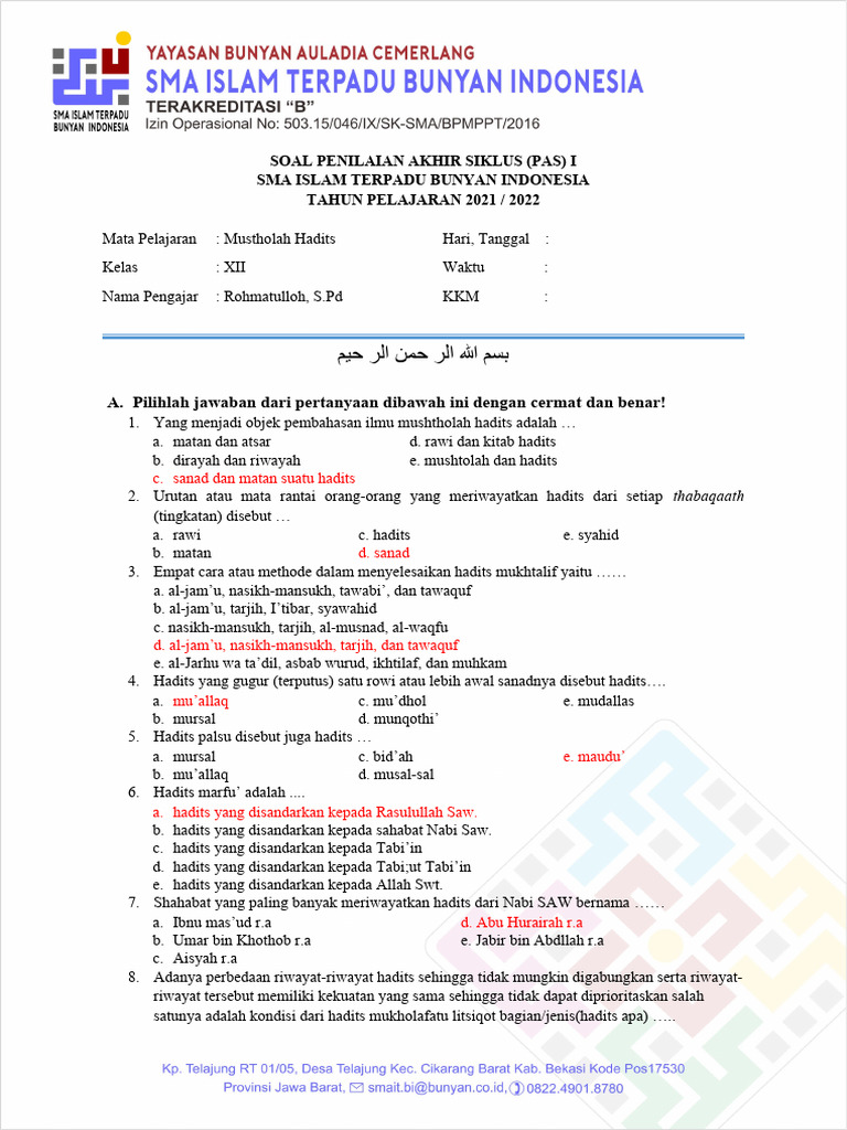 Soal Mustholah Hadits Kelas XII | PDF