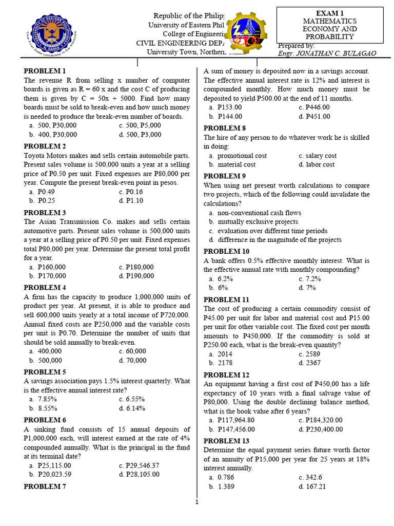 Civil Engineering Math Exam Problems | PDF | Interest | Depreciation