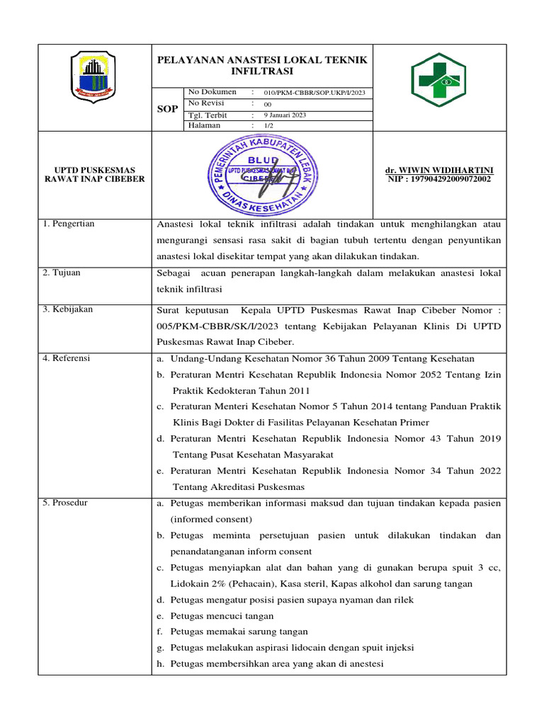 3.4.1.a.SOP ANASTESI LOKAL TEKNIK INFLTasi | PDF